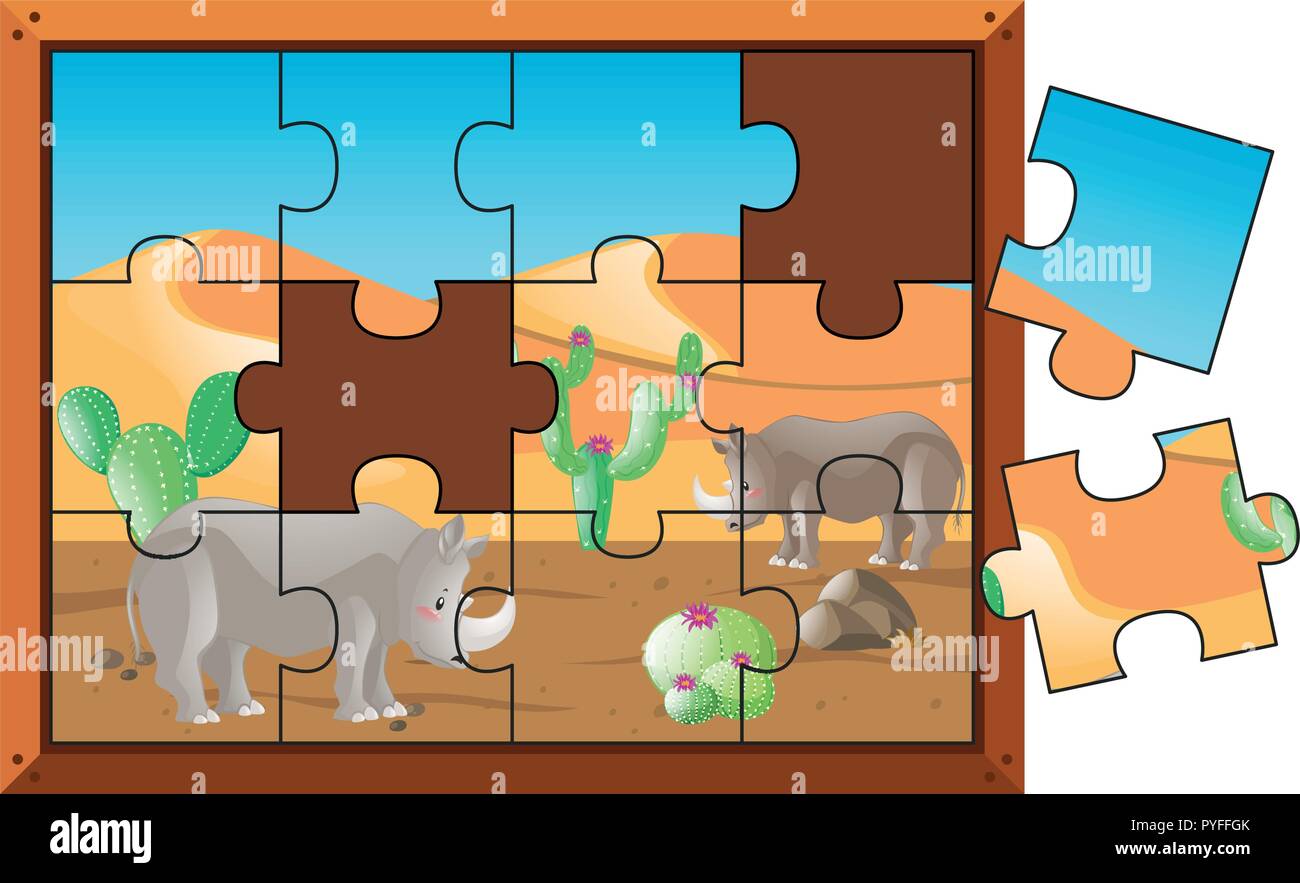 Jigsaw puzzle game with rhino on desert land illustration Stock Vector ...