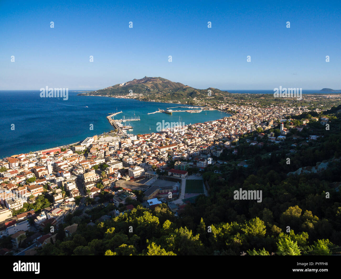 Aerial view of Zakynthos city in Zante island, in Greece Stock Photo ...