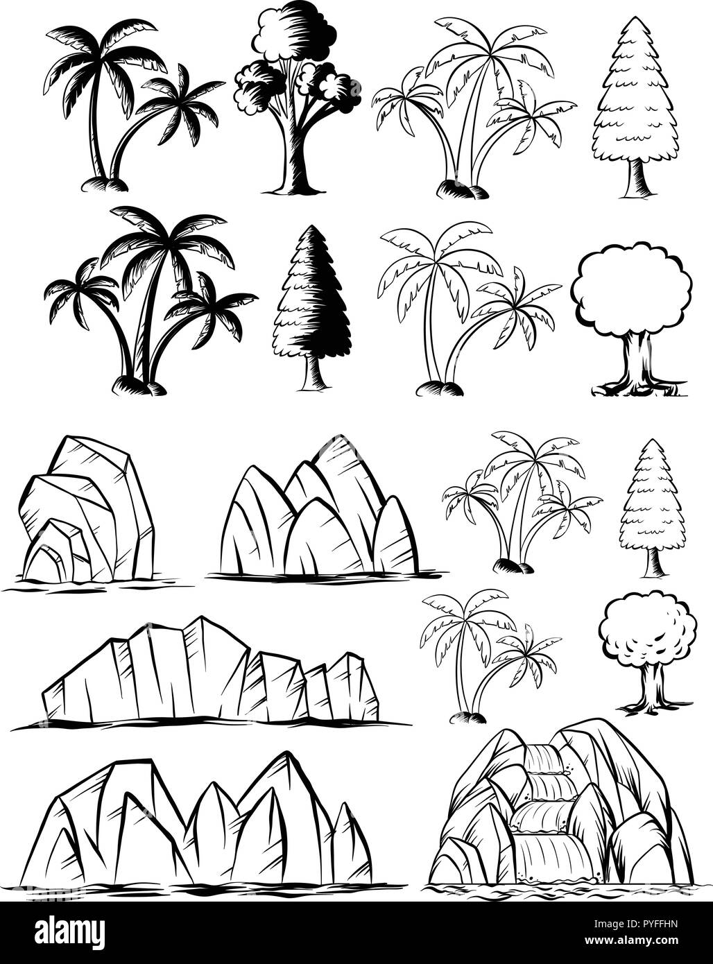Doodles nature set with trees and rocks illustration Stock Vector Image ...