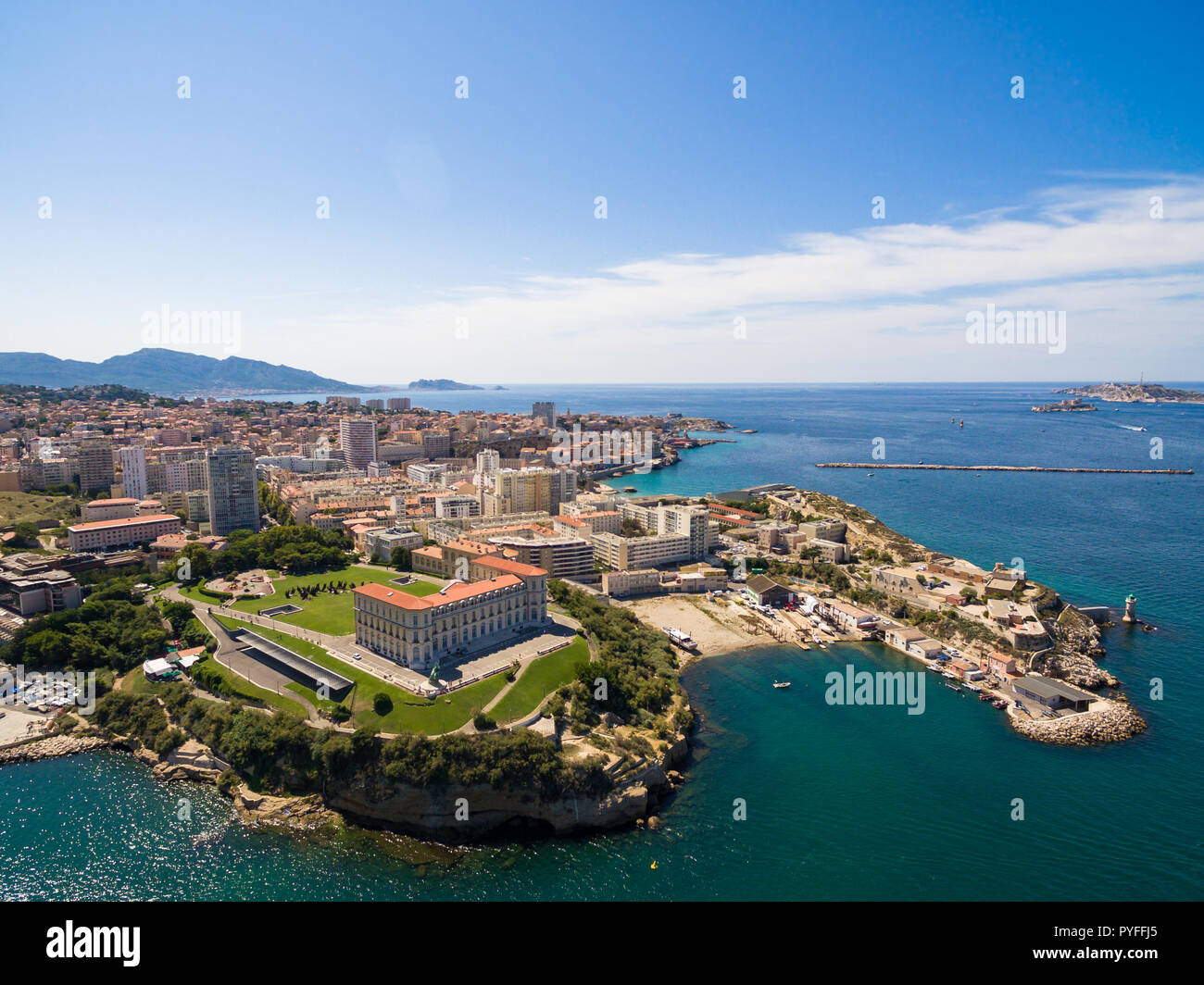 Aerial view of Marseille pier - Vieux Port, Saint Jean castle, and ...