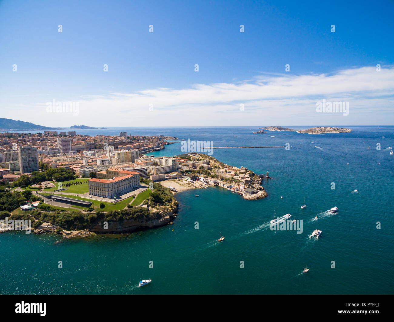 Aerial view of Marseille pier - Vieux Port, Saint Jean castle, and ...