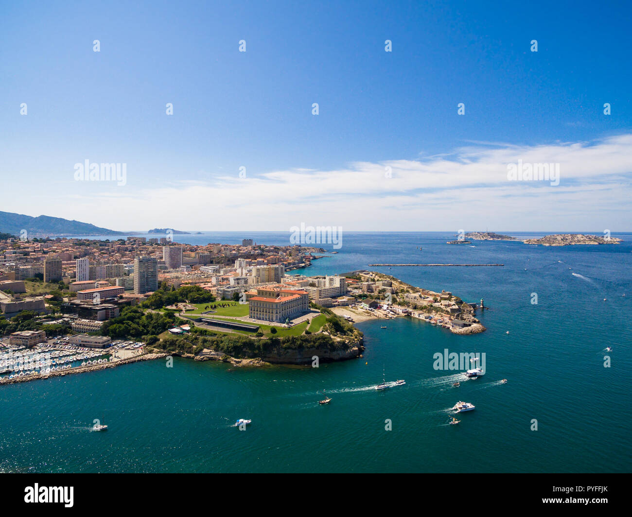 Aerial view of Marseille pier - Vieux Port, Saint Jean castle, and ...
