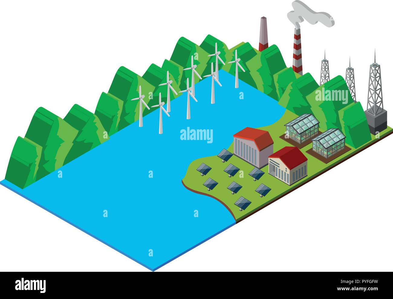 Wind turbines in the lake illustration Stock Vector Image & Art - Alamy
