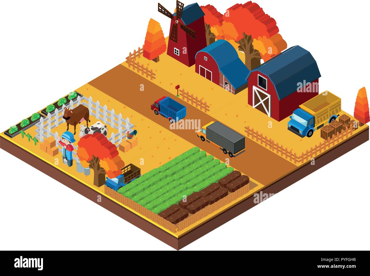 Farm scene with farmer and barns in 3D design illustration Stock Vector ...