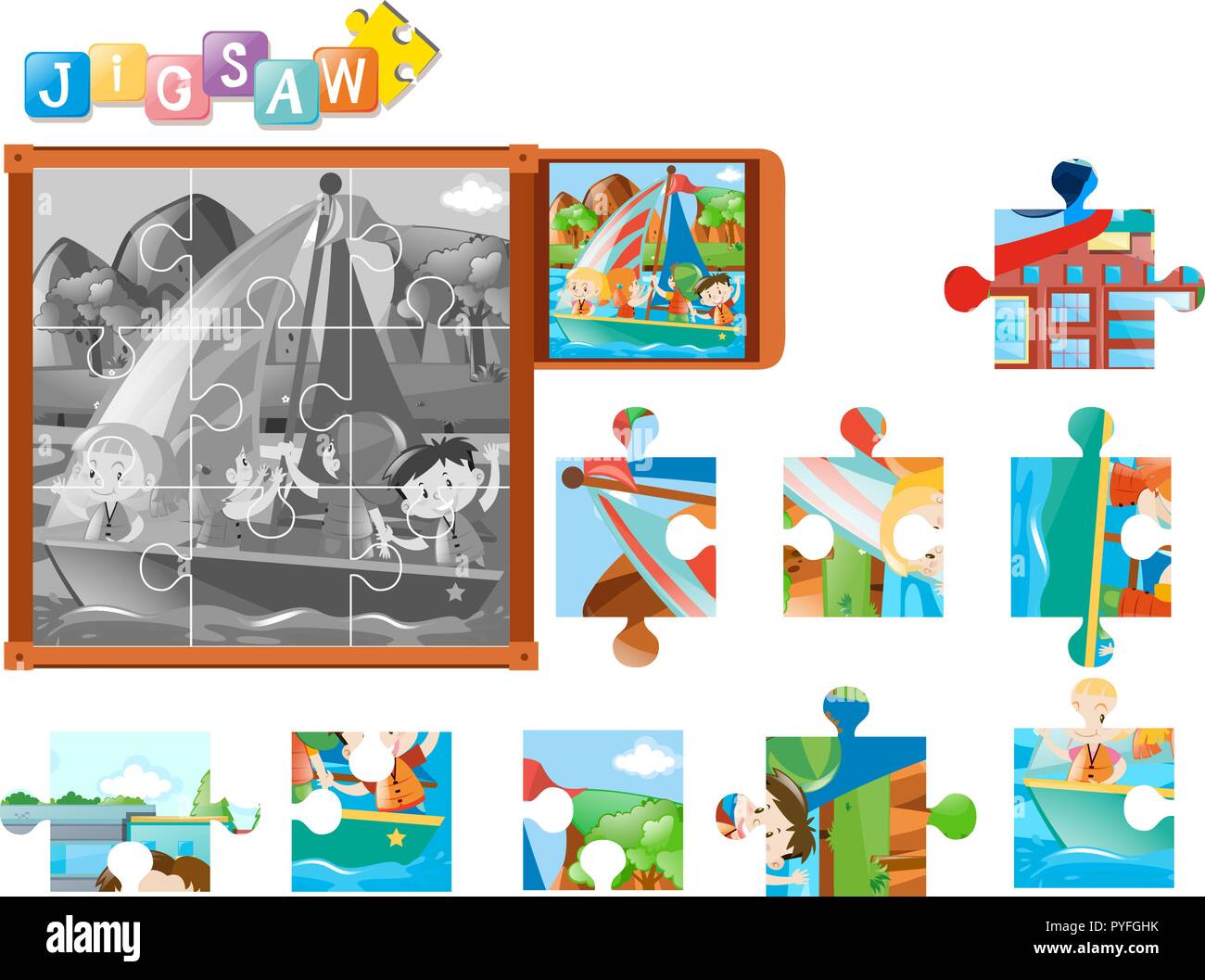Jigsaw puzzle game with kids sailing boat illustration Stock Vector ...