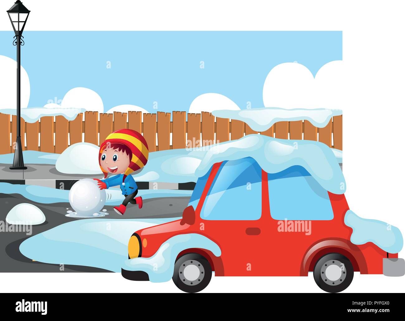 Winter scene with kid on snowy road illustration Stock Vector Image ...