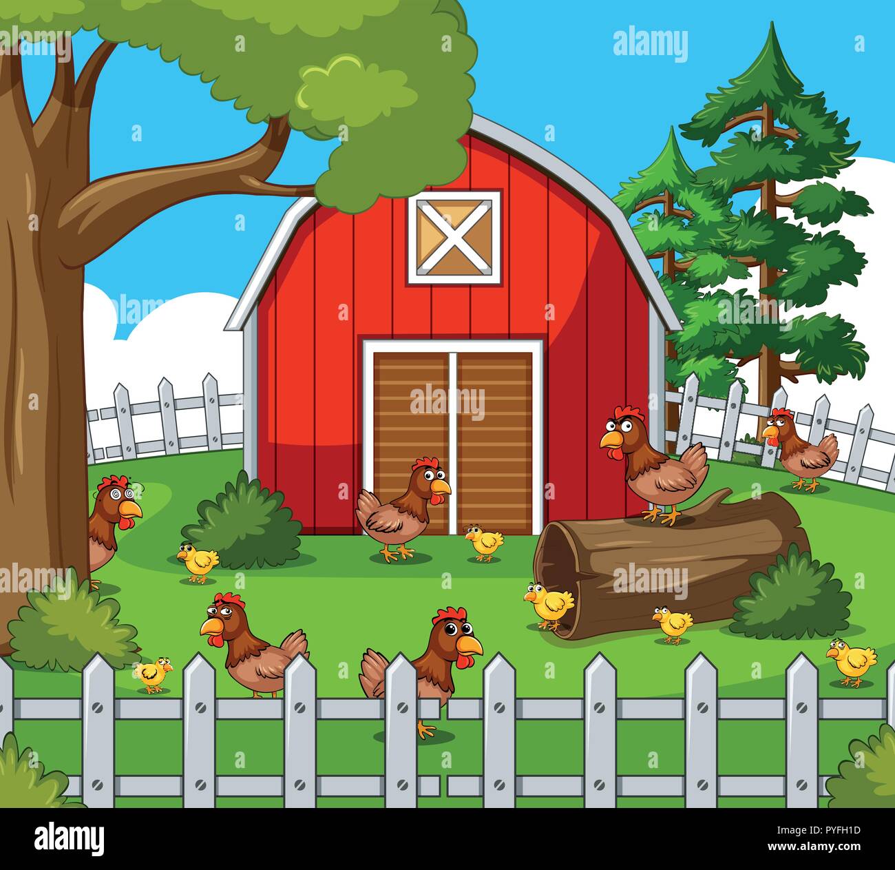 Farm scene with many hens and chicks illustration Stock Vector Image ...
