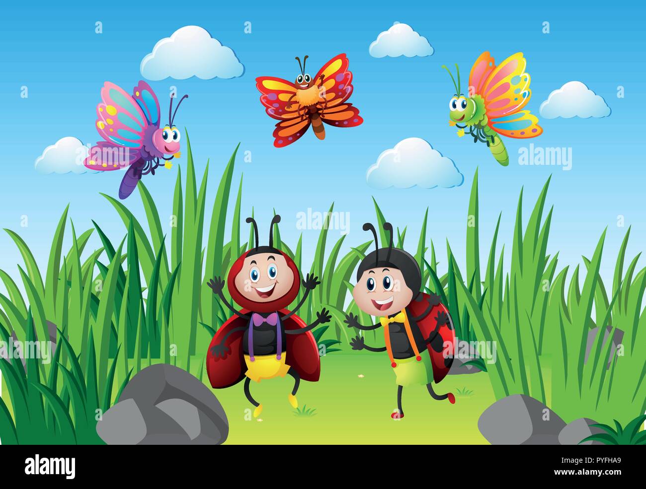 Ladybugs and butterflies in garden illustration Stock Vector Image ...