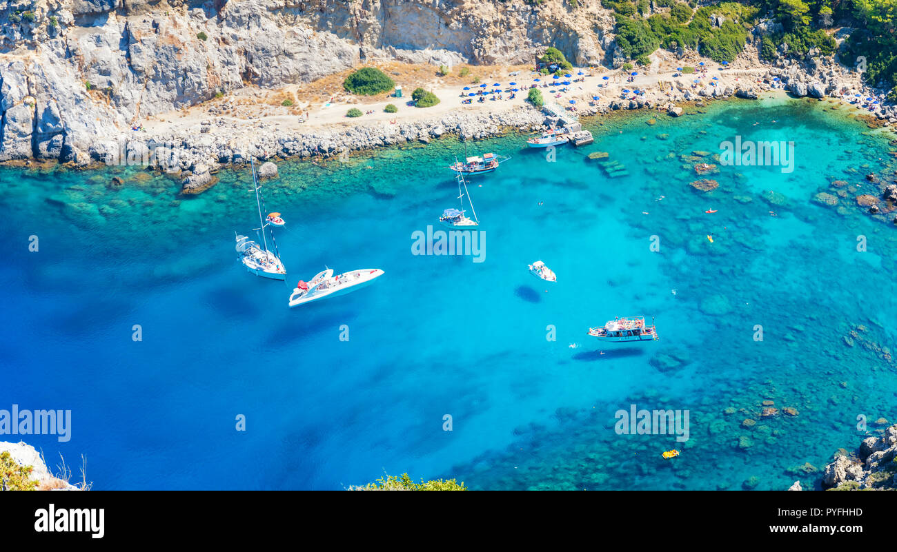 Aerial view of Anthony Quinn bay with boats (Rhodes, Greece Stock Photo ...