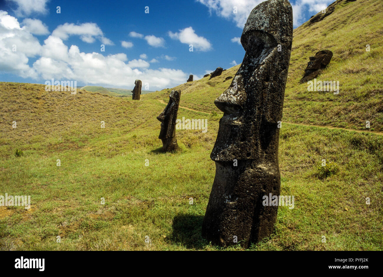 Two Moai statues at angles on a hillside Stock Photo - Alamy