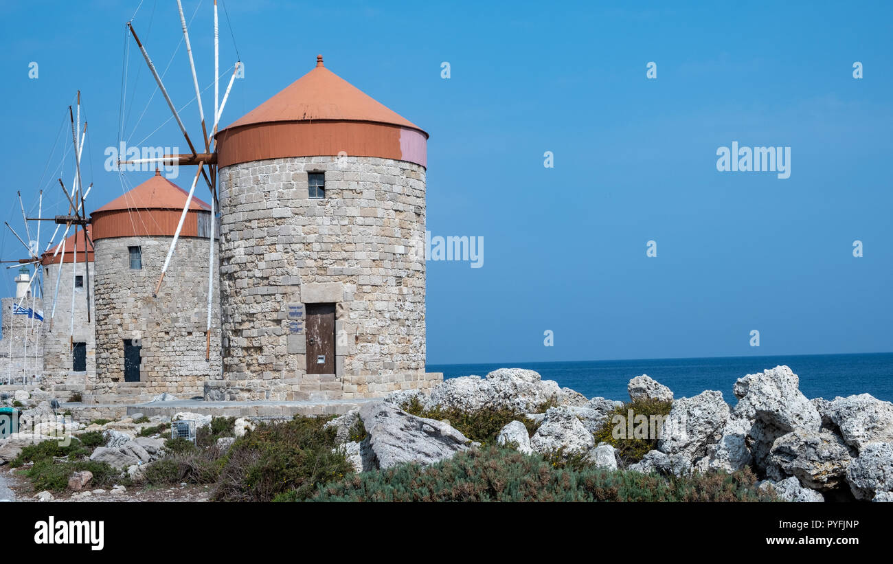 Windmills of Mandraki harbour, Rhodes Stock Photo - Alamy