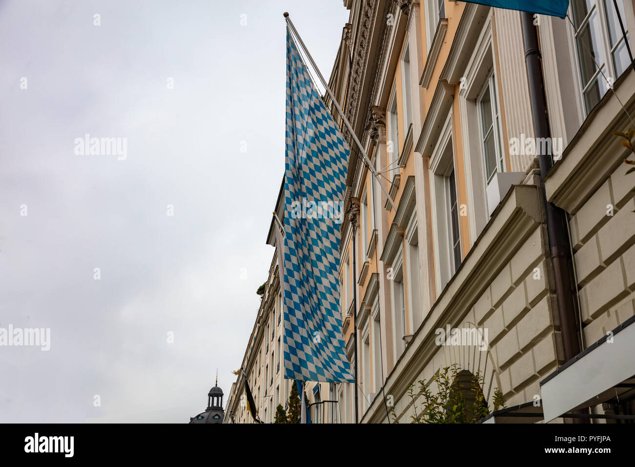 Oktoberfest, Munich. Germany. Bavarian blue white flag on a building ...
