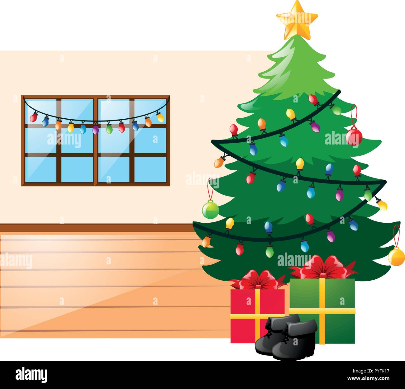 Scene with christmas tree and present boxes illustration Stock Vector ...