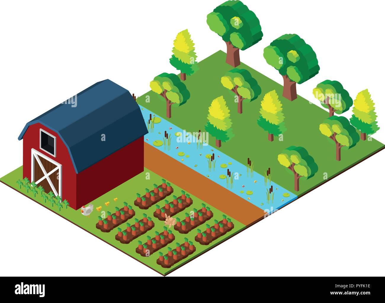 Farm scene with barn and crops in 3D design illustration Stock Vector ...