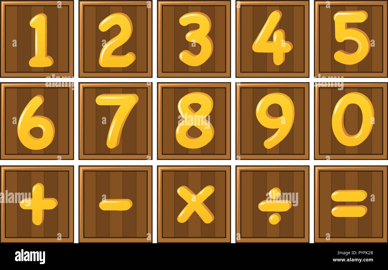 Number one to zero and math signs on wooden boards illustration Stock ...