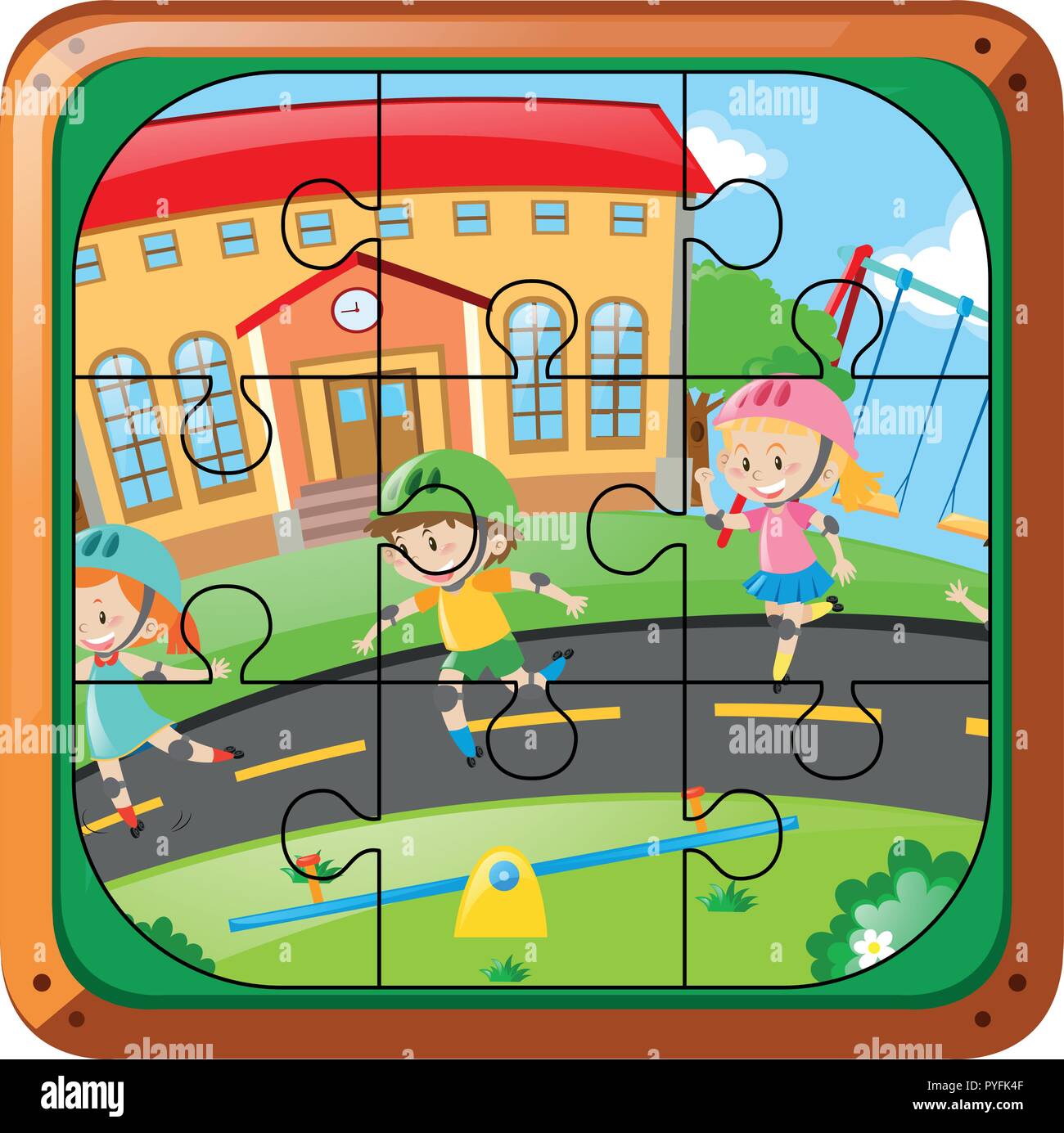 Jigsaw puzzle game with kids skating on the road illustration Stock ...