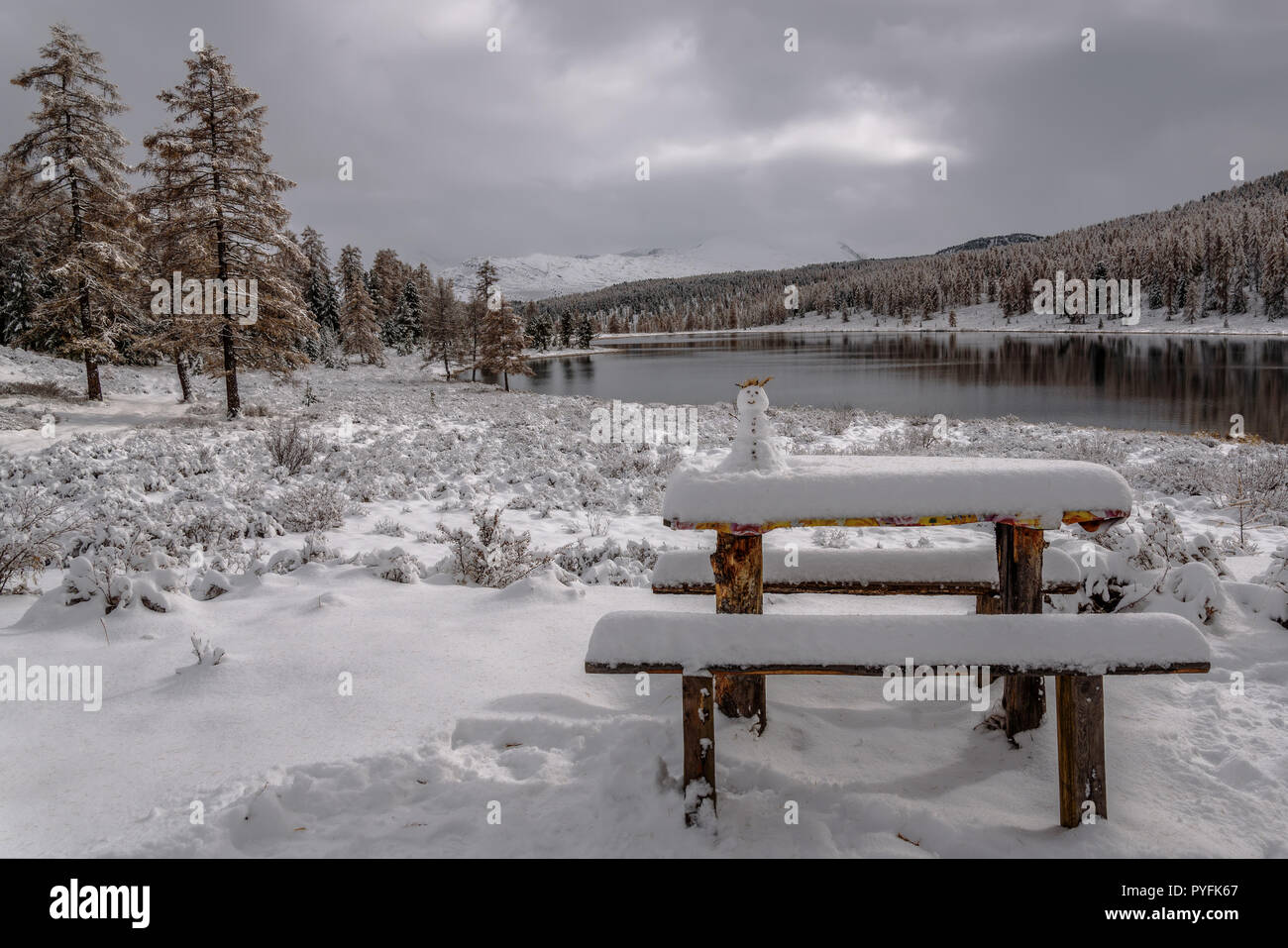 Little cute snowman from the first snow on a table against the ...