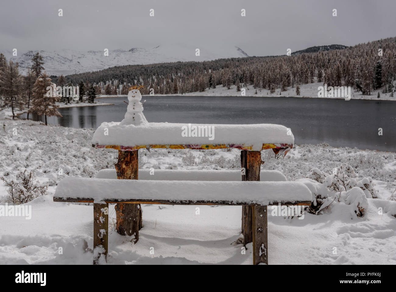 Little cute snowman from the first snow on a table against the ...