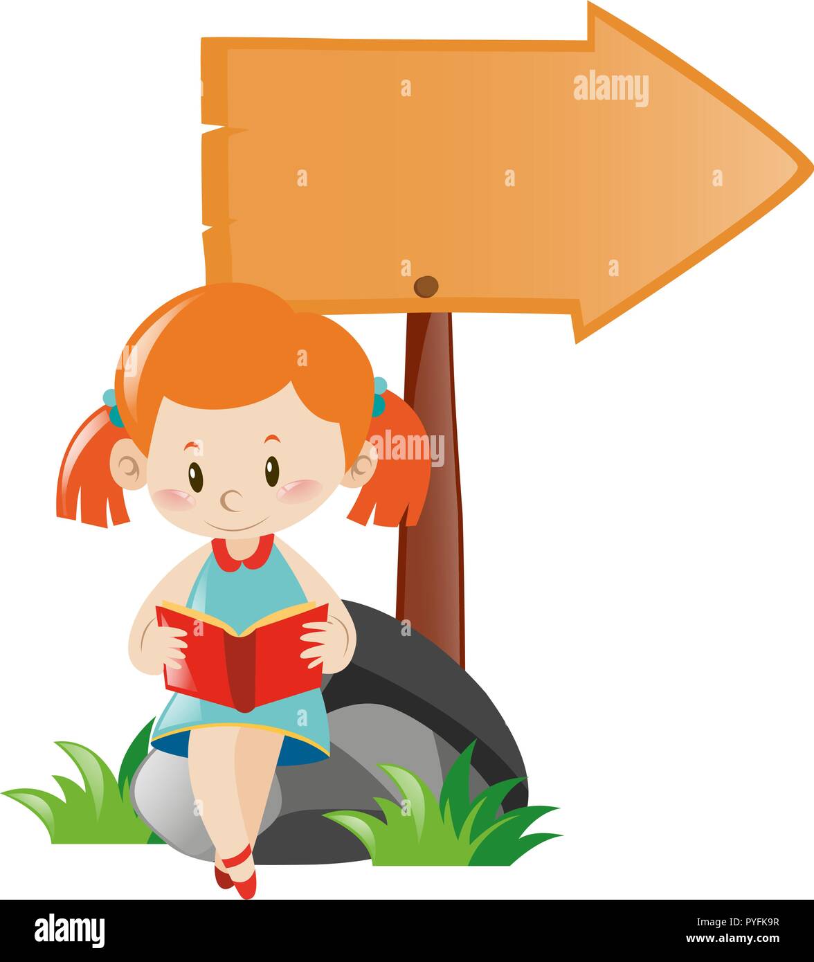 Girl reading under the wooden sign illustration Stock Vector Image ...