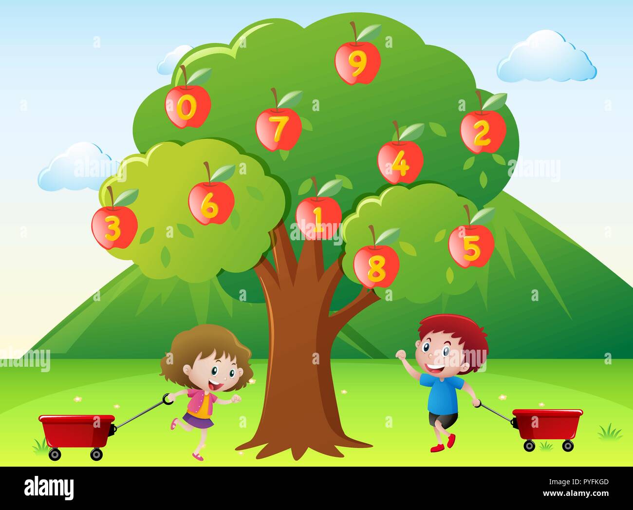 Happy kids and numbers on apple tree illustration Stock Vector Image ...