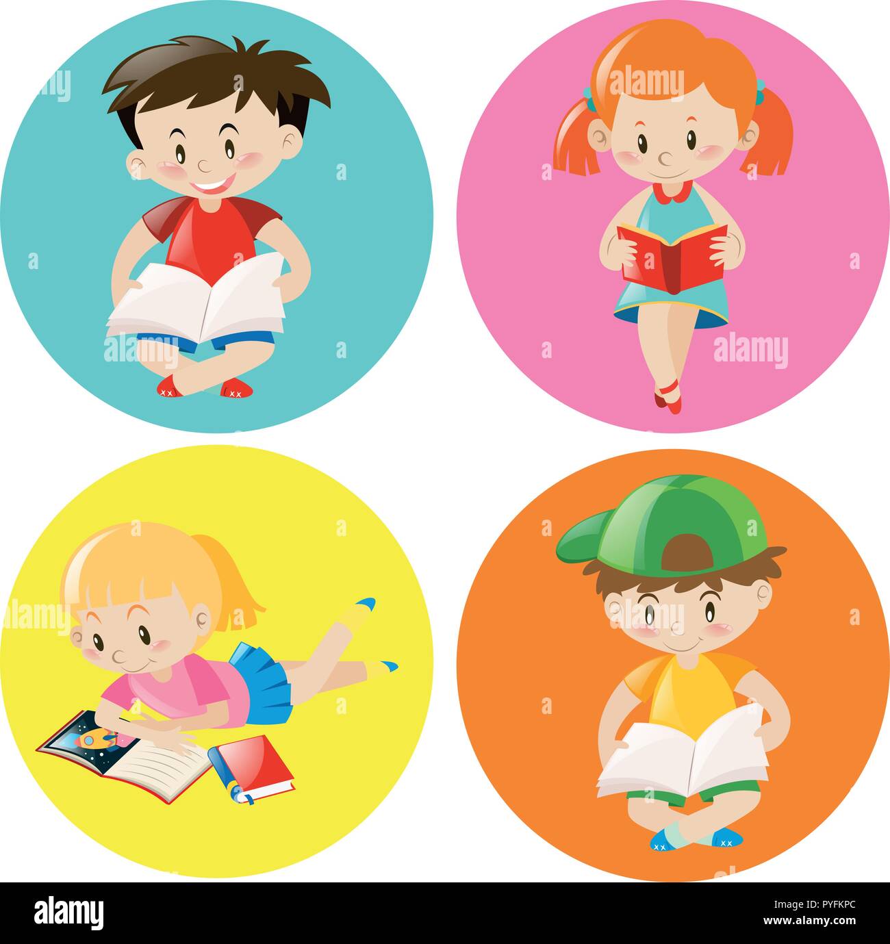 Boys and girls reading book on round badge illustration Stock Vector ...
