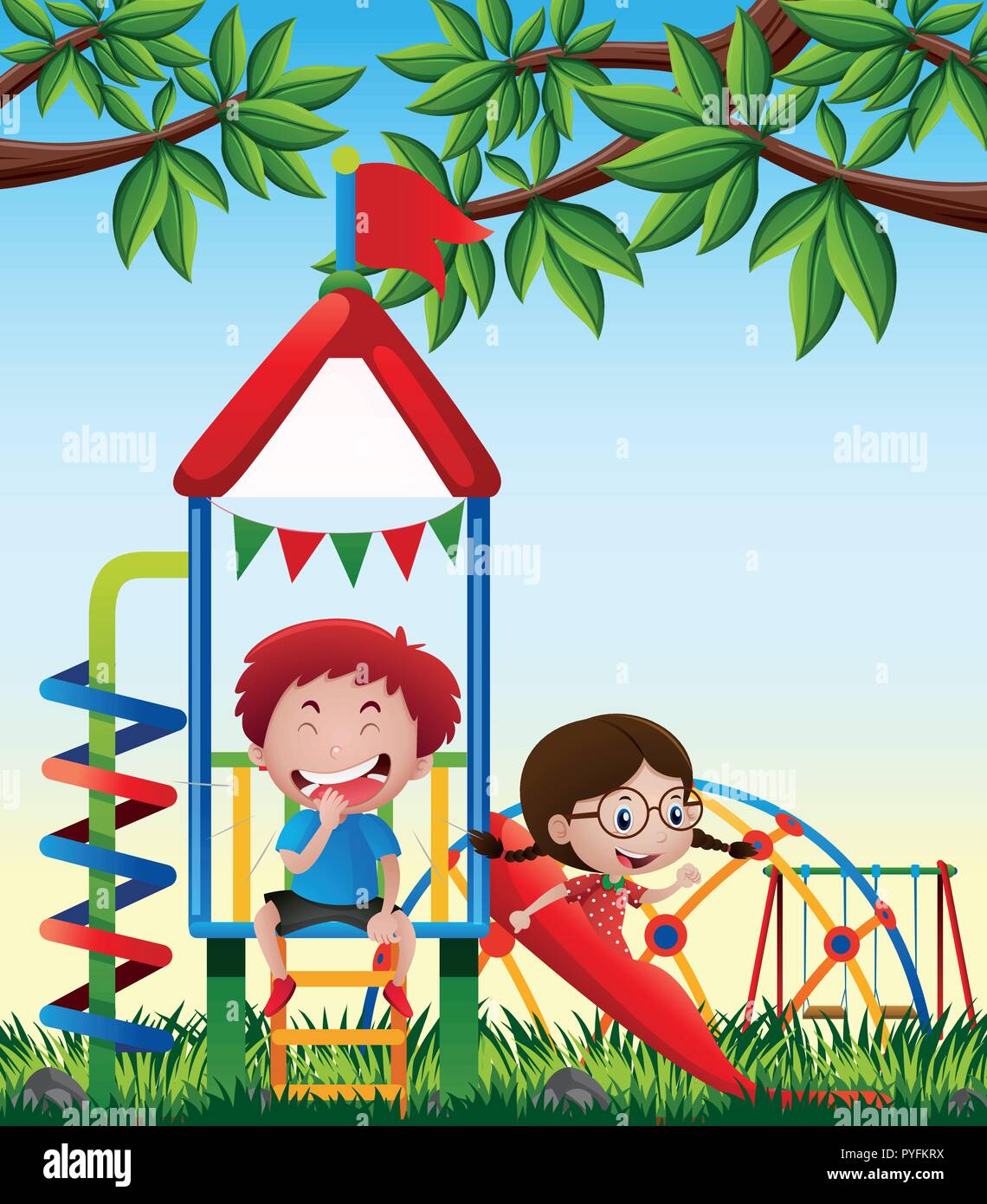 Two kids playing slide in park illustration Stock Vector Image & Art ...