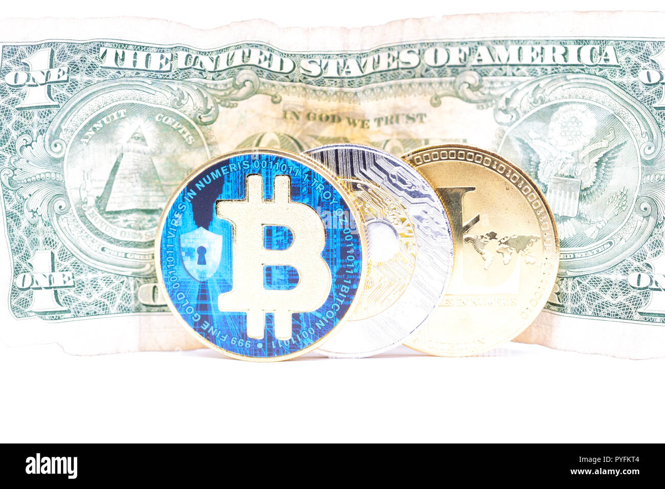 blurred crumpled dollar money and different bitcoin background like ...