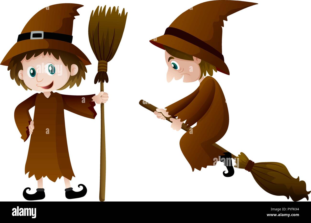 Two witches with magic broomstick illustration Stock Vector Image & Art ...