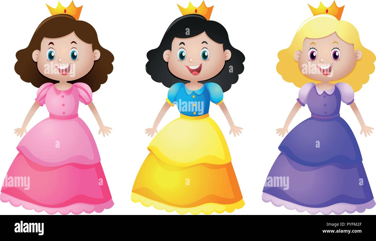 Three cute princesses with happy face illustration Stock Vector Image ...