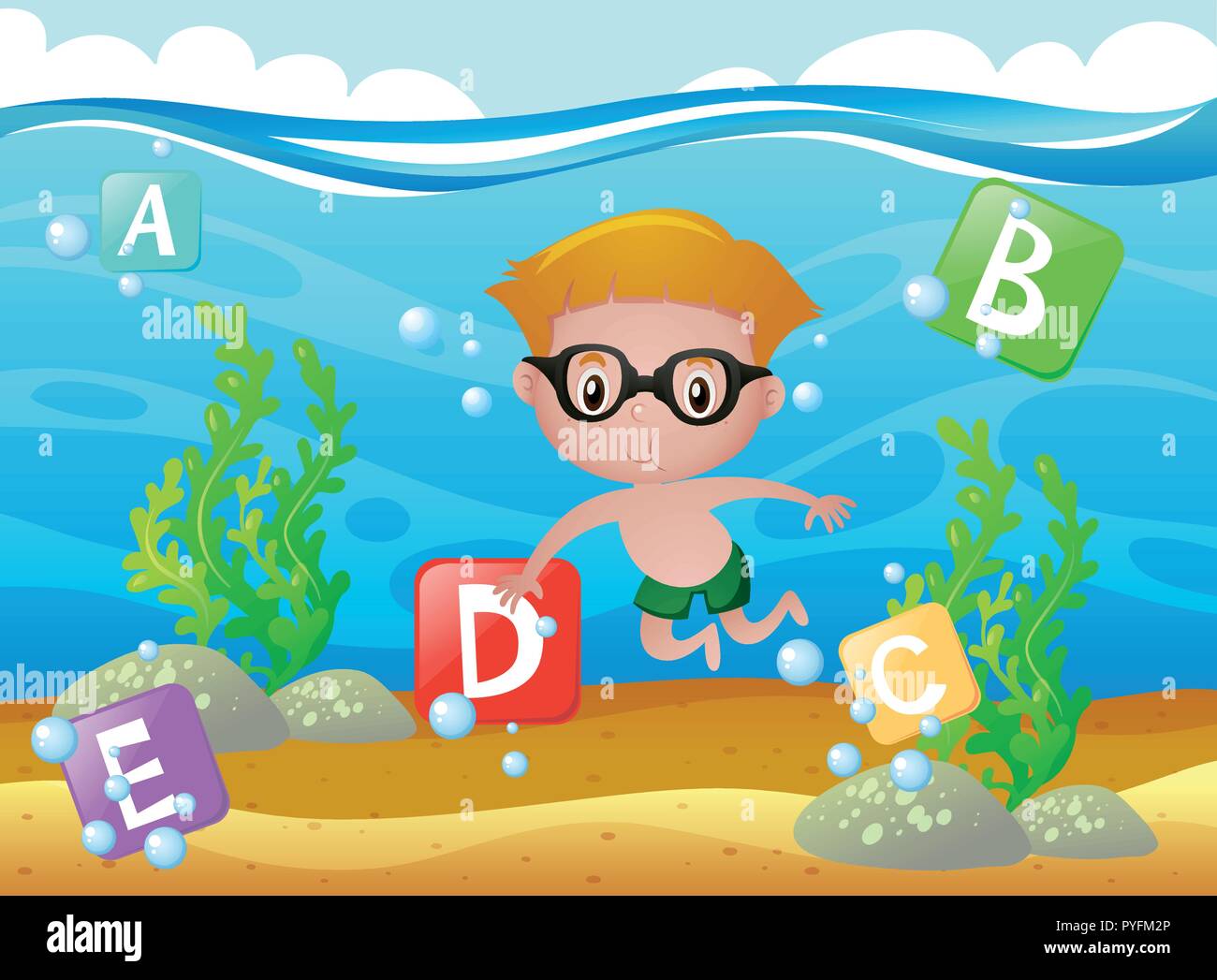 Learning alphabets with boy underwater illustration Stock Vector Image ...