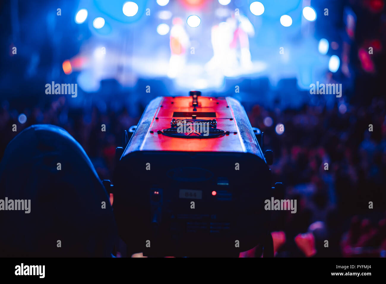 Stage lights on concert. Lighting equipment with multicolored beams ...