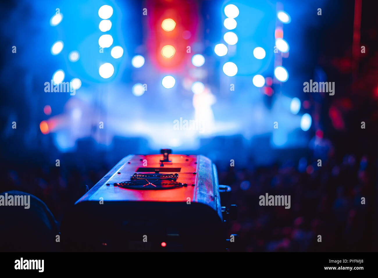 Stage lights on concert. Lighting equipment with multicolored beams ...