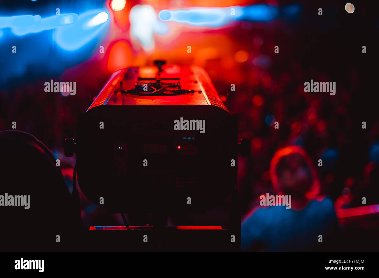 Stage lights on concert. Lighting equipment with multicolored beams ...