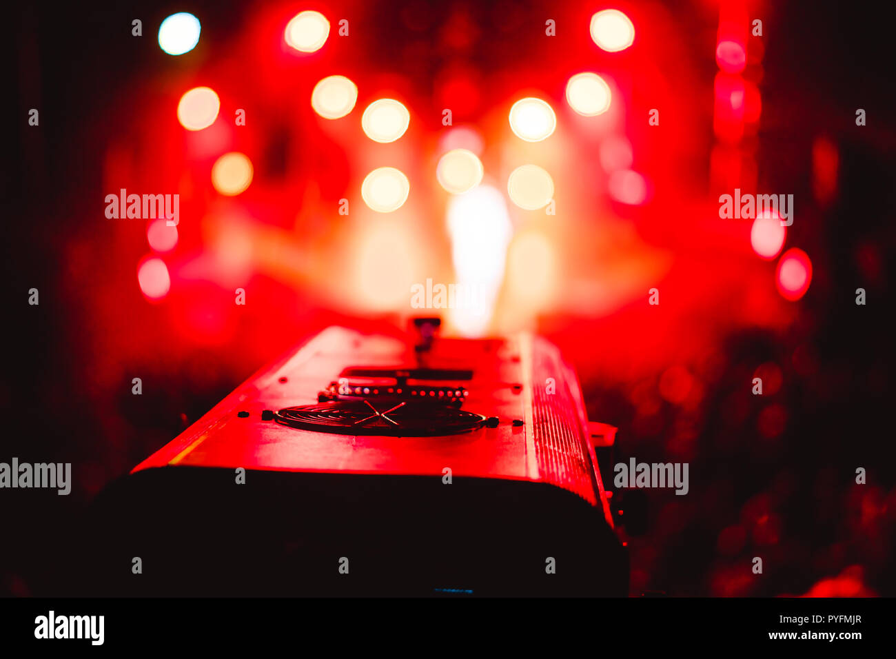 Stage lights on concert. Lighting equipment with multicolored beams ...