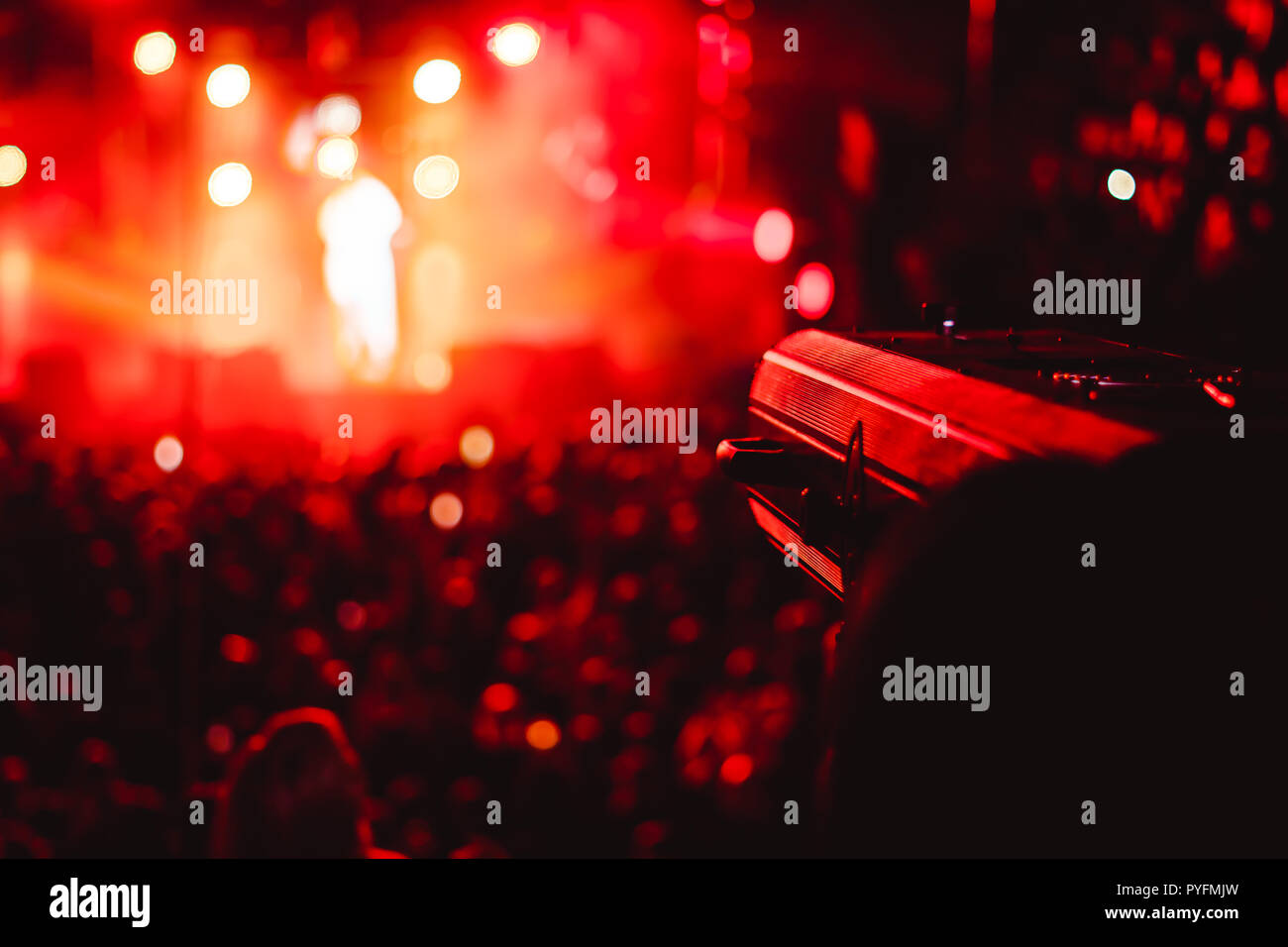 Stage lights on concert. Lighting equipment with multicolored beams ...