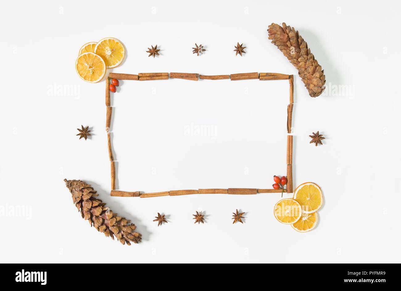 Beautiful Christmas frame on white background. Flat lay, top view Stock ...