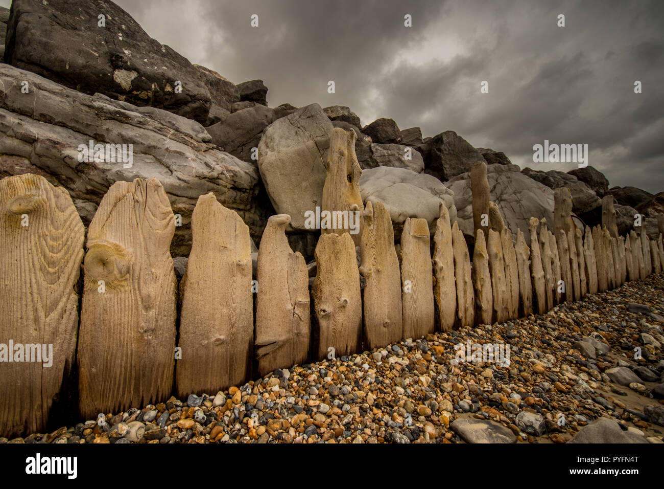 Old wooden sea defences at Middleton on Sea beach near Bognor Regis ...