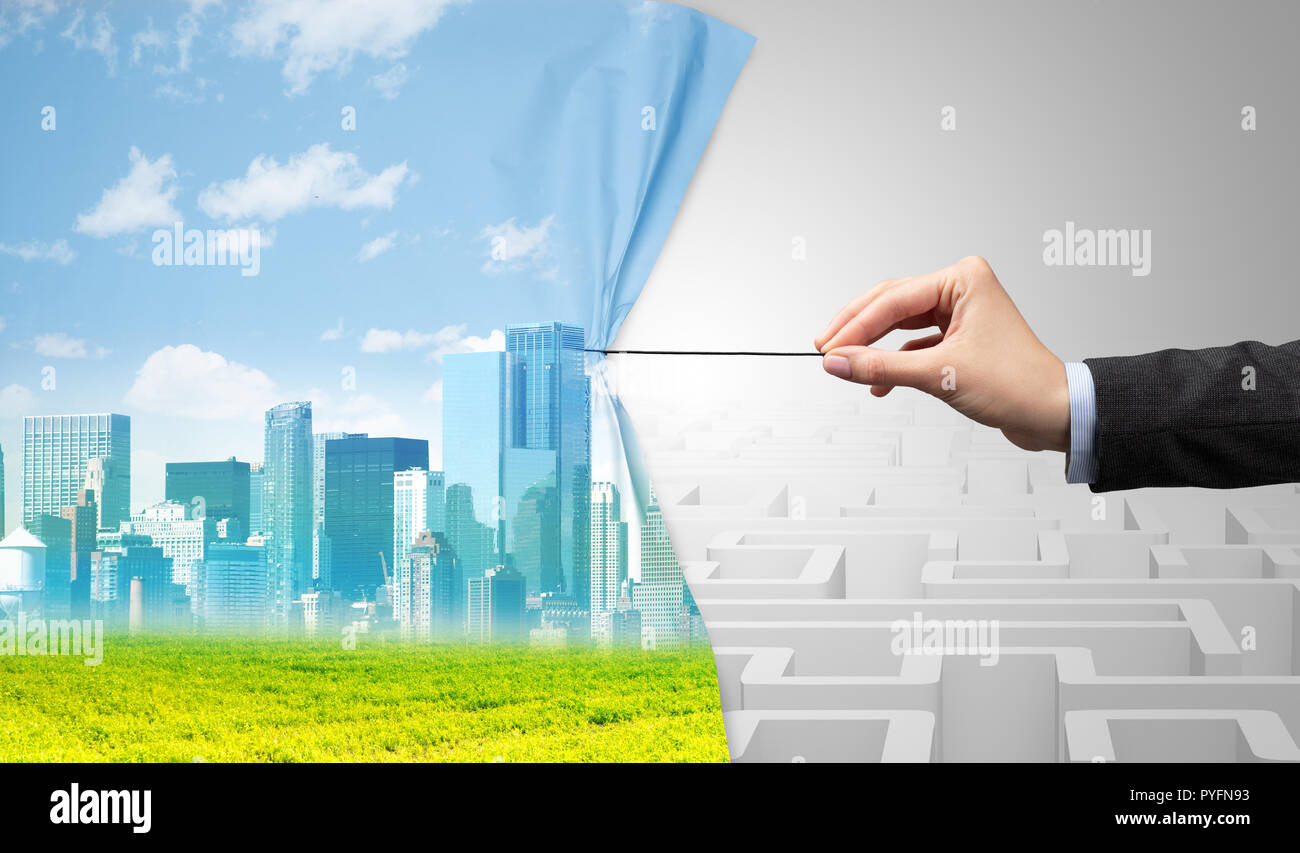 Hand pulling paper curtain, changing scene concept Stock Photo - Alamy