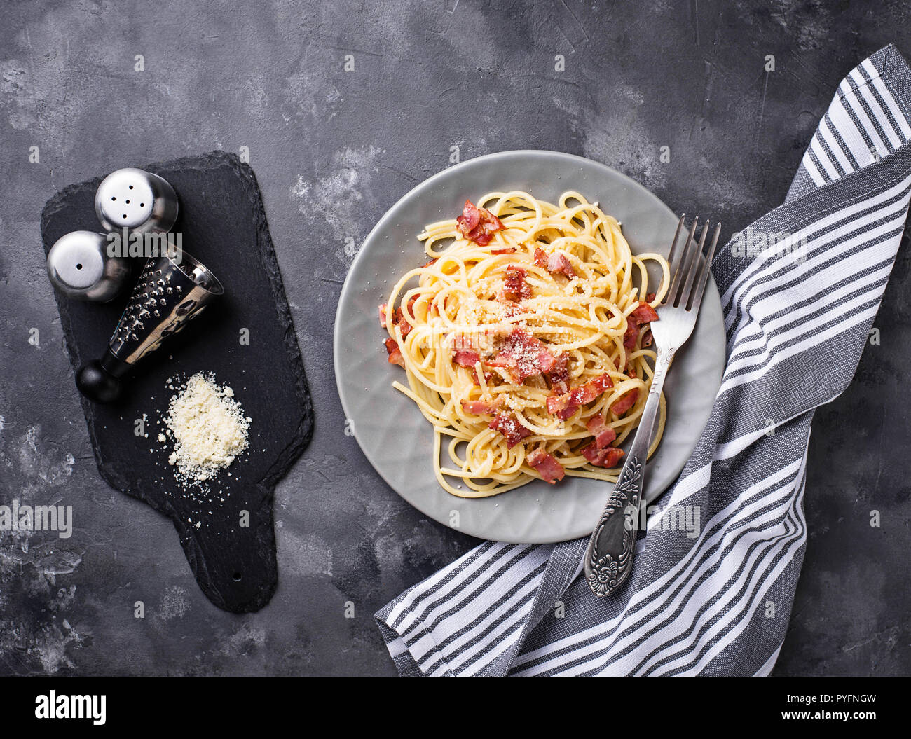 Pasta Carbonara with bacon and parmesan. Top view Stock Photo - Alamy