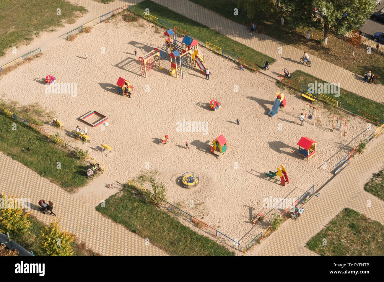 Children playground background in big city. Outdoor activities for ...