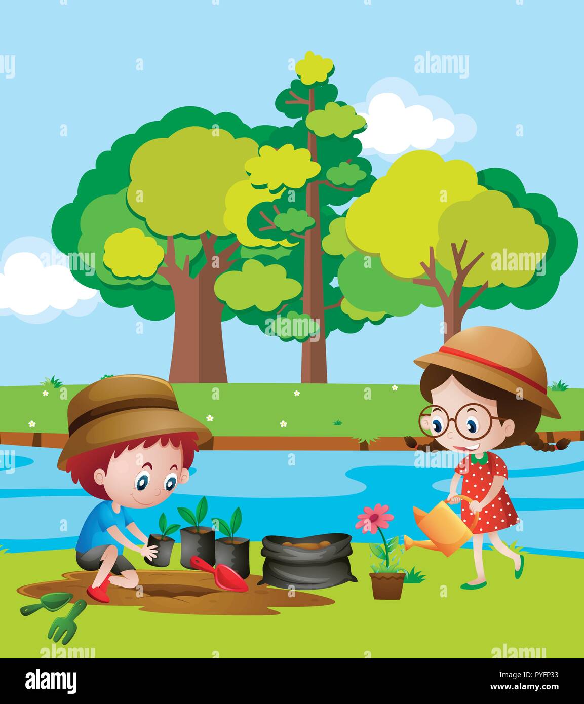 Boy and girl planting trees by river illustration Stock Vector Image ...