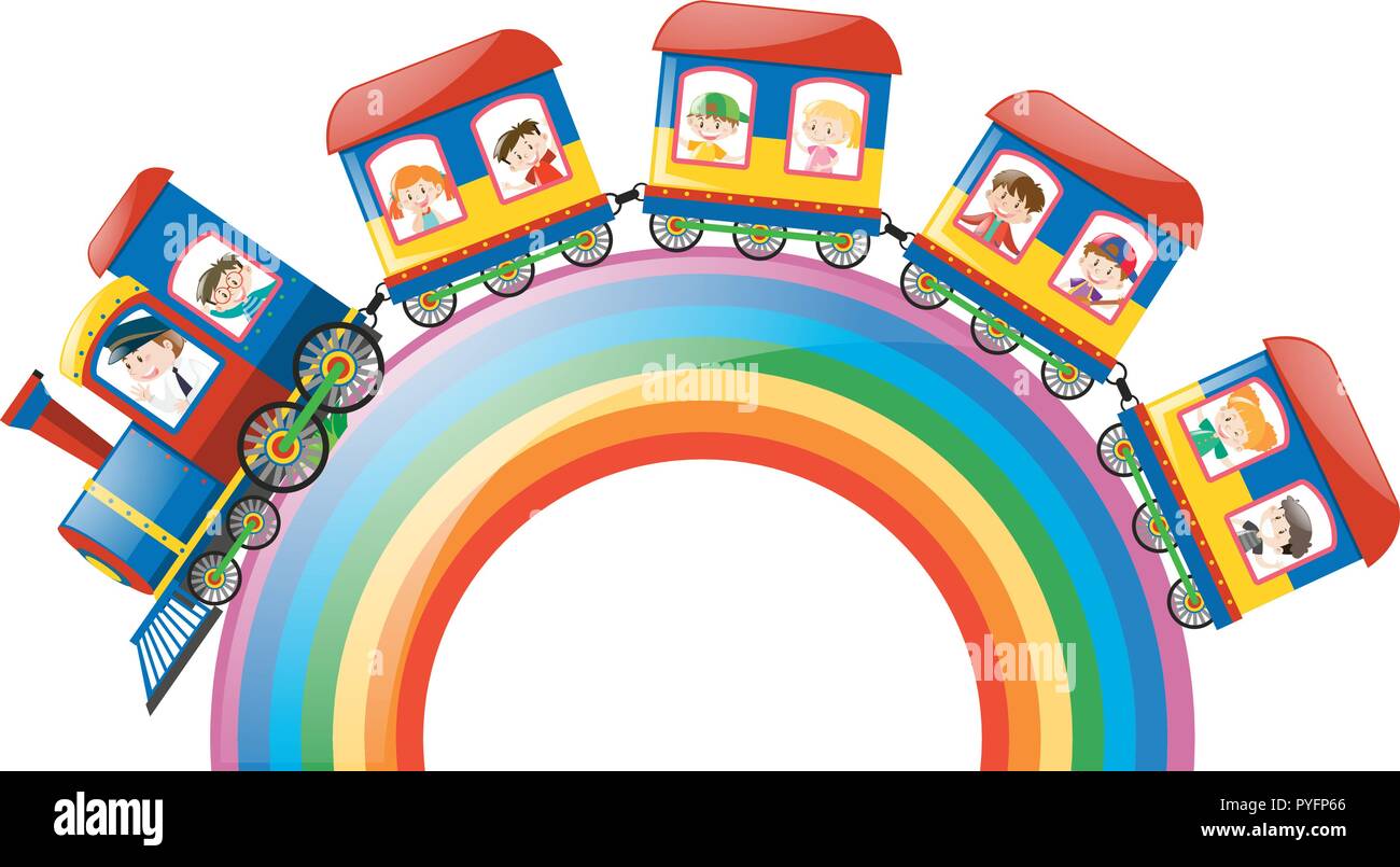 Children riding on train over rainbow illustration Stock Vector Image ...