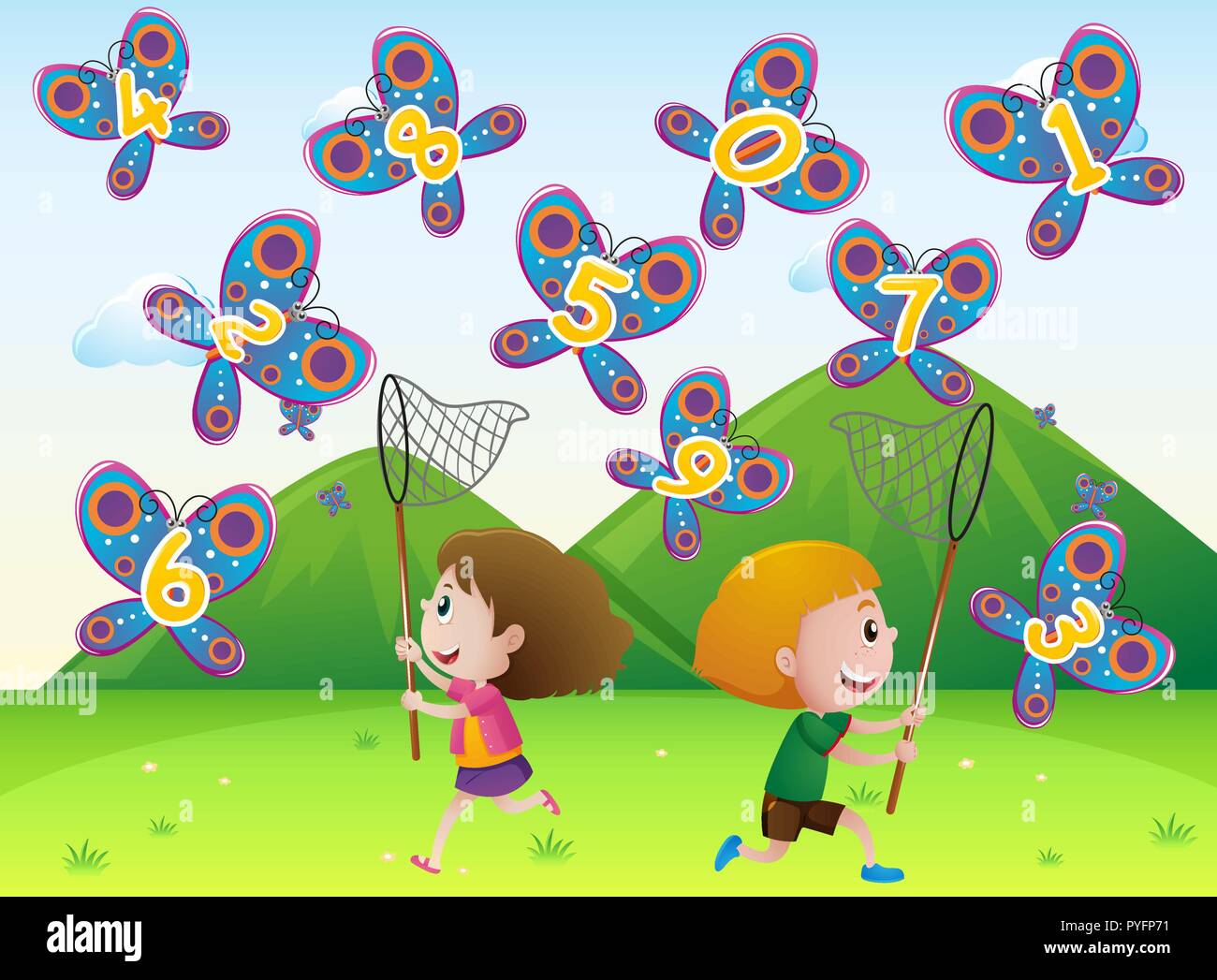 Boy and girl catching butterflies with numbers illustration Stock ...