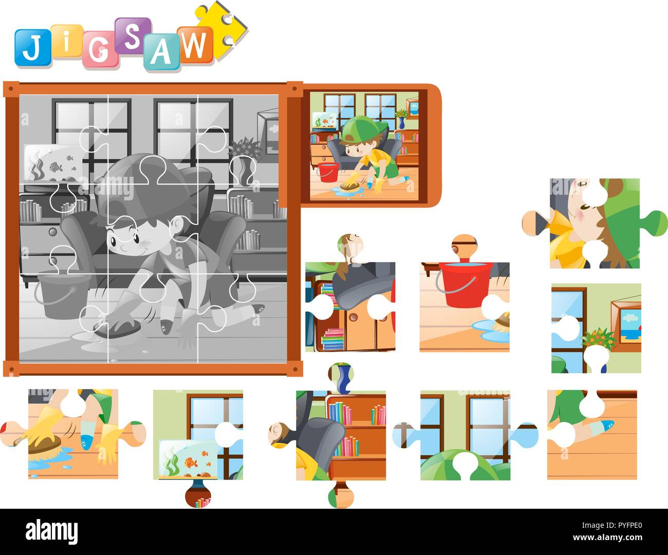 Jigsaw pieces for boy cleaning floor illustration Stock Vector Image ...