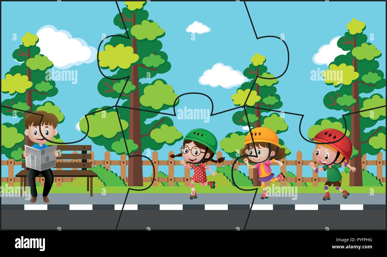 Jigsaw puzzle pieces of kids playing in park illustration Stock Vector ...