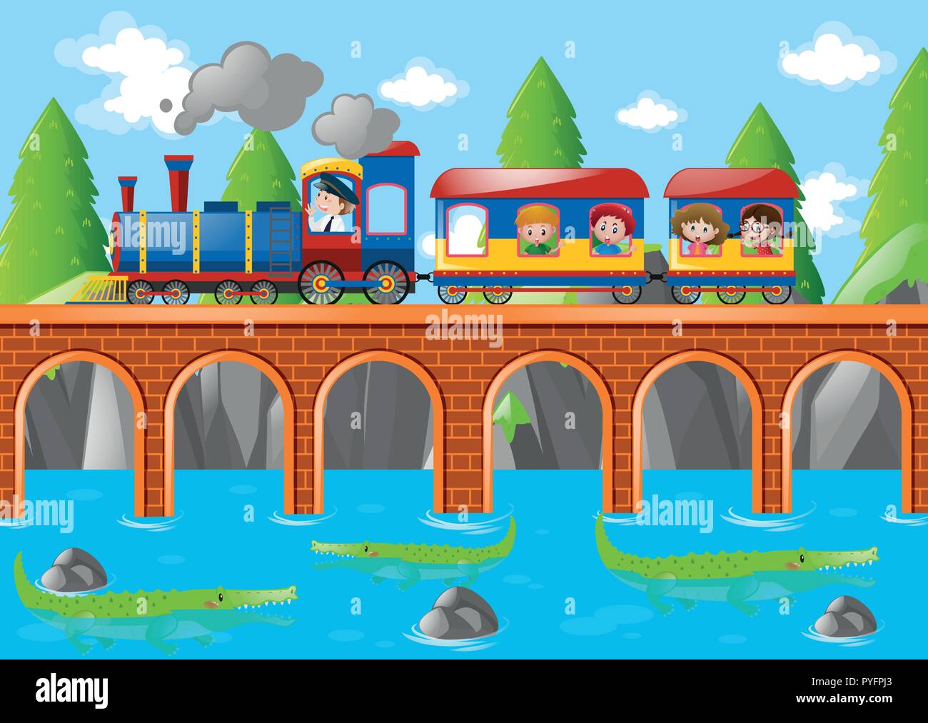 Steam locomotive river bridge Stock Vector Images - Alamy