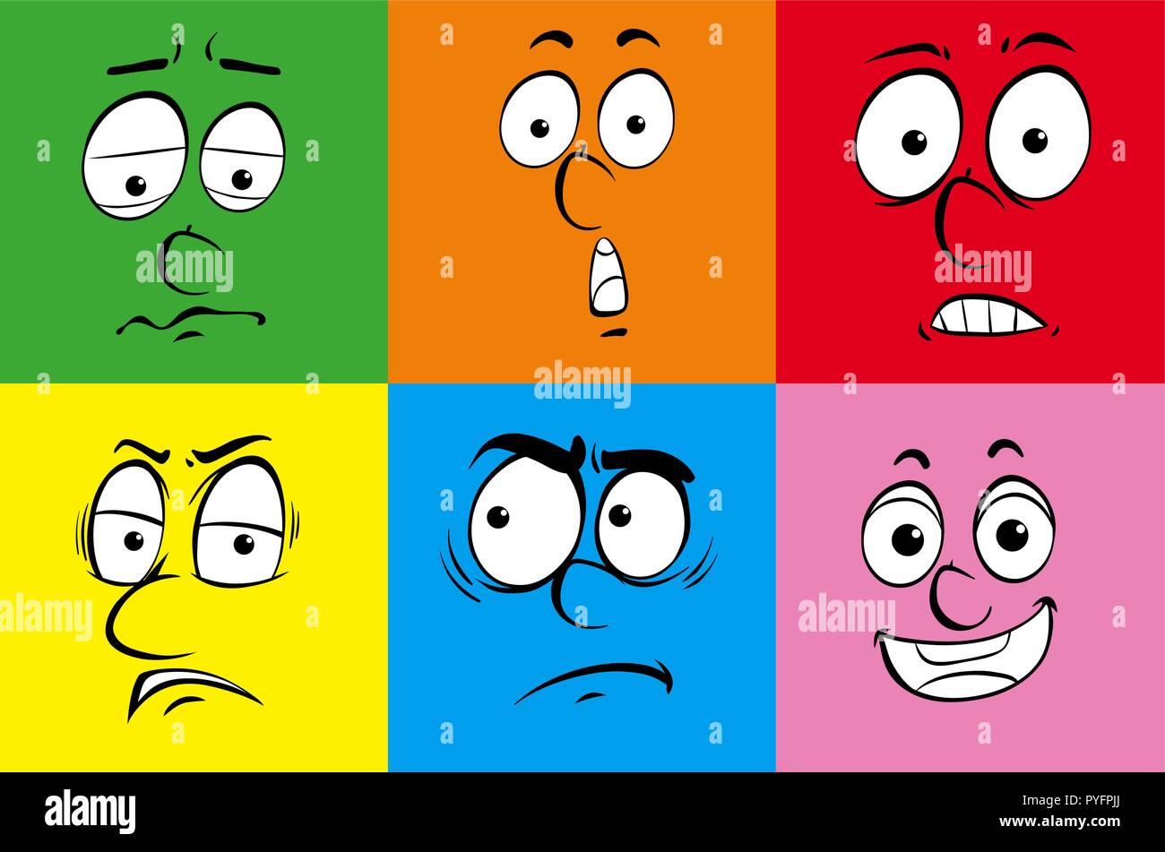 Six facial expressions on different background illustration Stock ...