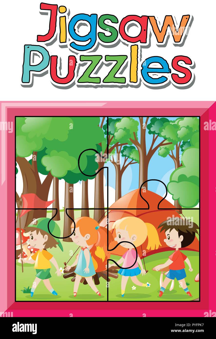 Jigsaw puzzle with kids camping in woods illustration Stock Vector ...