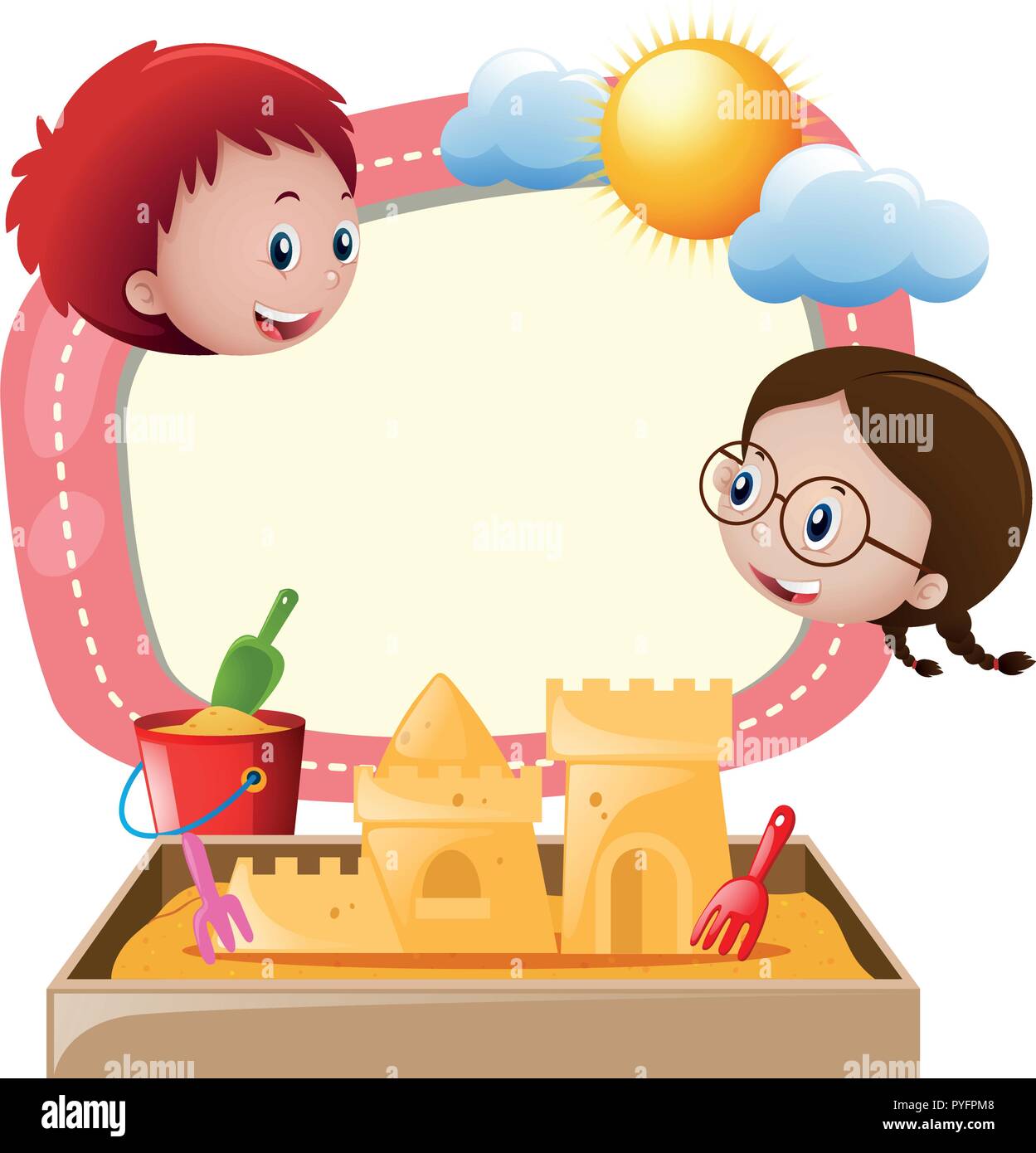 Border template with boy and girl playing sand illustration Stock ...