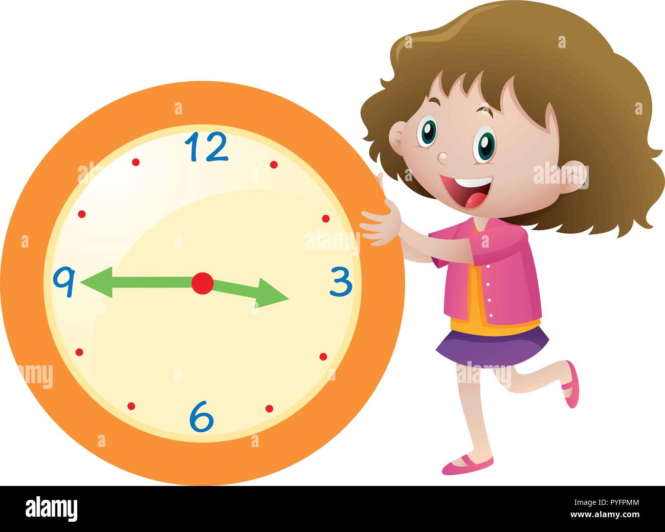 Girl telling time with yellow clock illustration Stock Vector Image ...